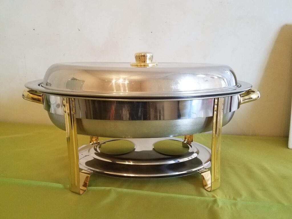STAINLESS OVAL CHAFER 6 QUART W/ WITHOUT GOLD TRIM - A1 Party Rentals